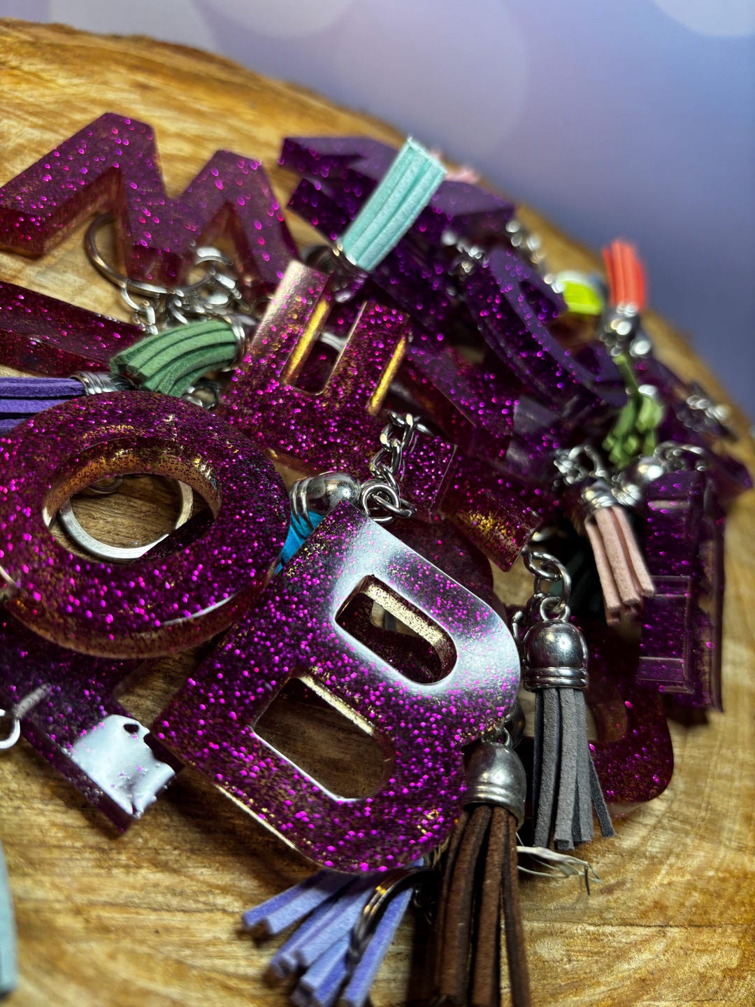 Fuchsia Glitter Resin Initial Keychain With Tassel - Etsy
