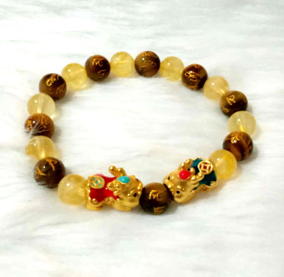Double Pixie Tiger Eye Mantra Beads and Citrine 24K Gold Sand Lucky ...