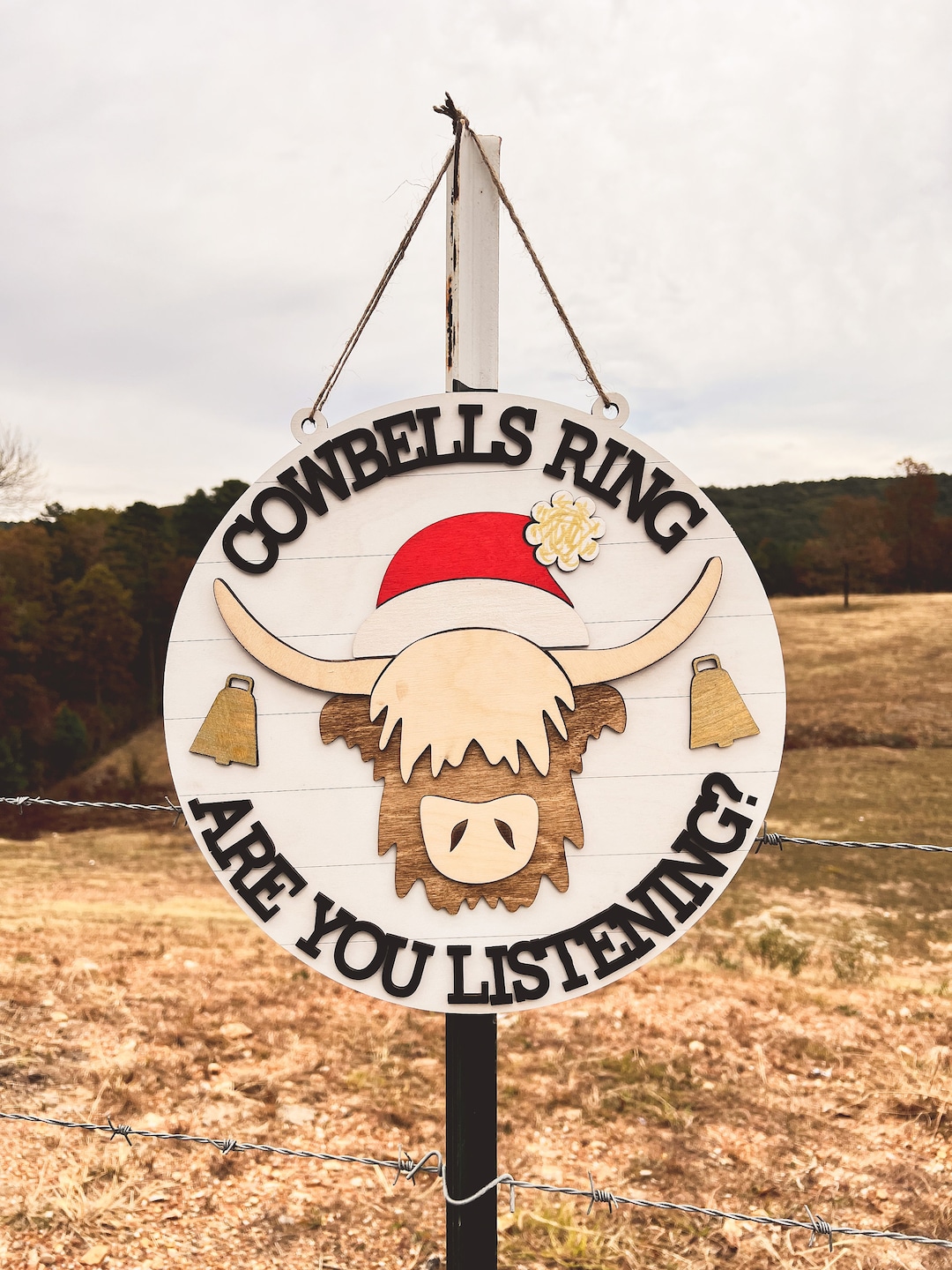 Cowbell Ring Christmas Highland Cow Door Hanger - Etsy