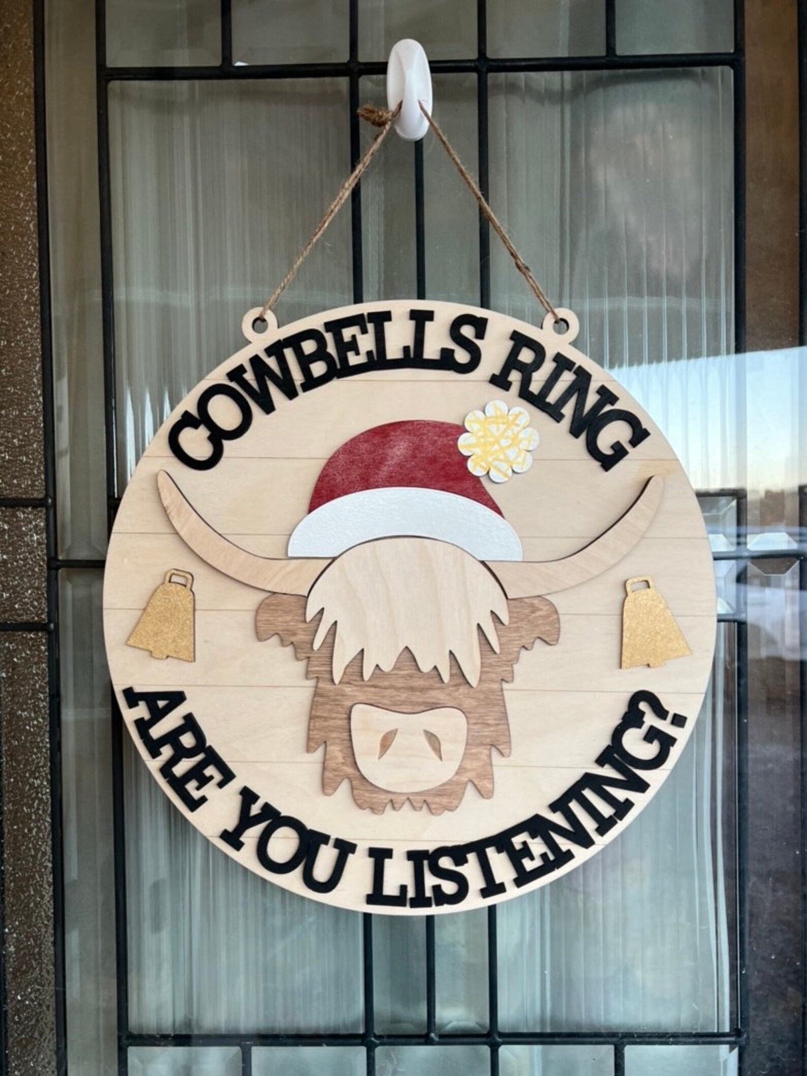 Cowbell Ring Christmas Highland Cow Door Hanger - Etsy