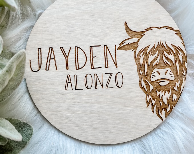 Baby Highland Cow Baby Sign, Round Wood Name Sign, Baby Name Sign ...