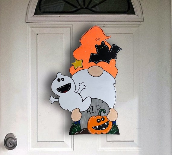 Halloween Front Door Decor Gnome With Ghost Wooden Door - Etsy