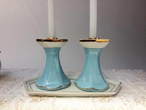 Shabbat White and Blue Striped Porcelain Candlestick Holders Crafted in ...