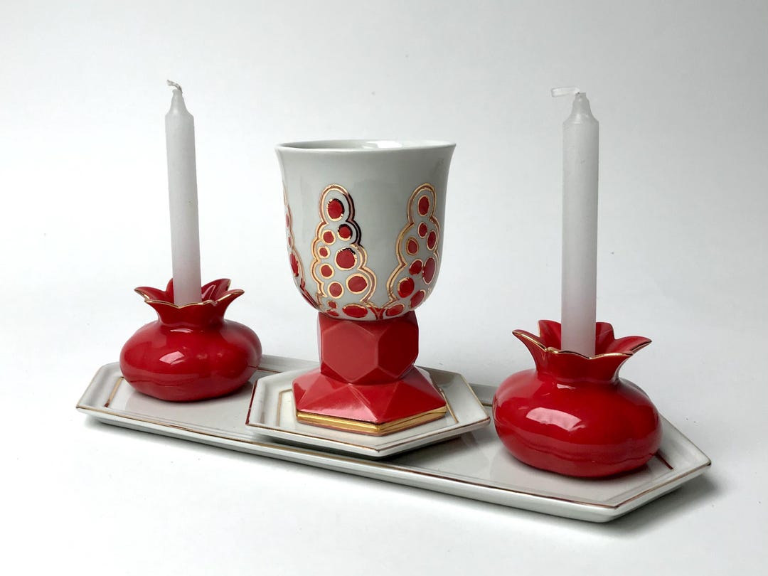 Porcelain Pomegranate Shabbat Set: a Pair of Candlesticks, and a ...
