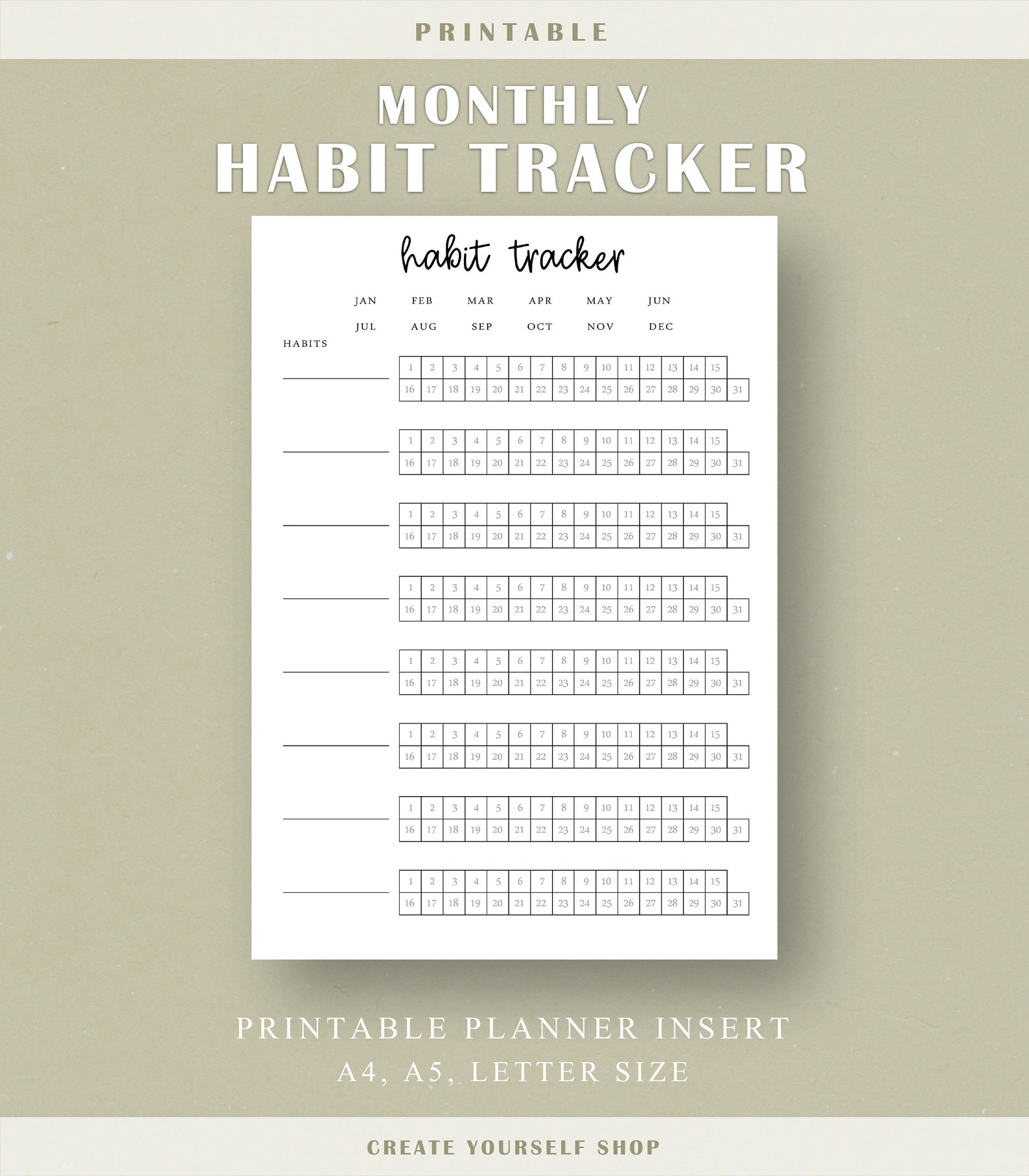 Printable Habit Tracker - Monthly Habits Tracker, Minimal Tracker Chart ...
