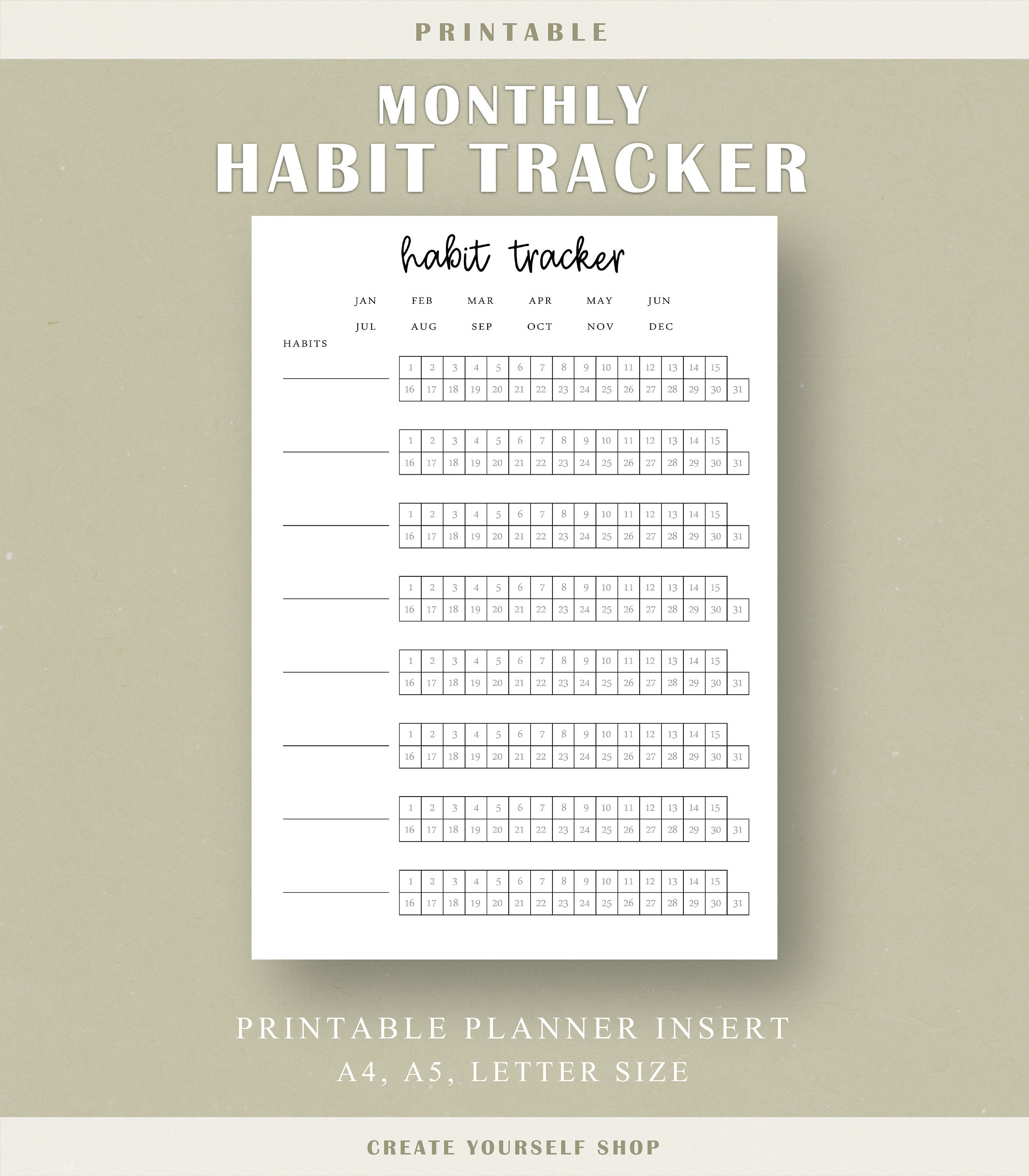 Printable Habit Tracker - Monthly Habits Tracker, Minimal Tracker Chart ...