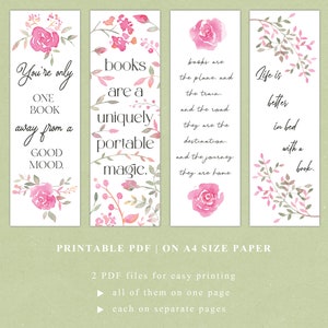 Printable Bookmark, Printable Rose Bookmark, Gift for Her, Bookmark Set ...
