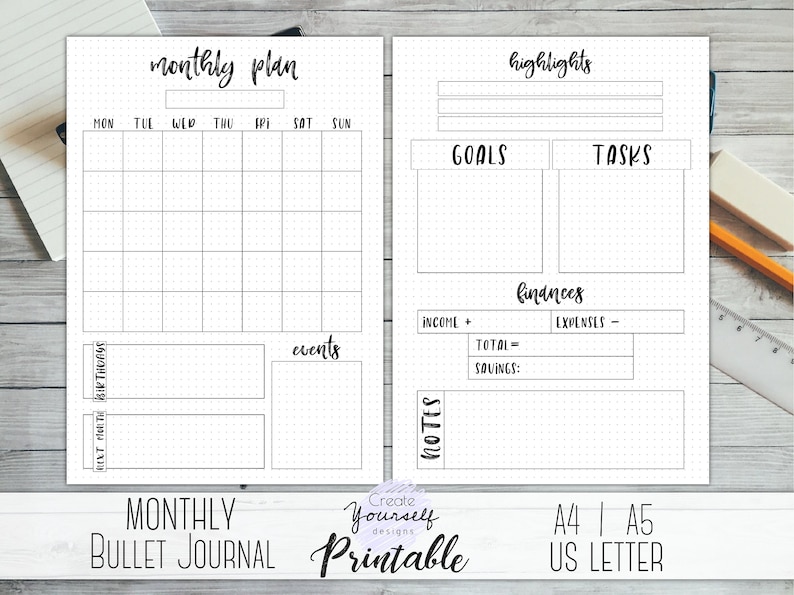 Monthly bullet journal printable planner insert dot | Etsy