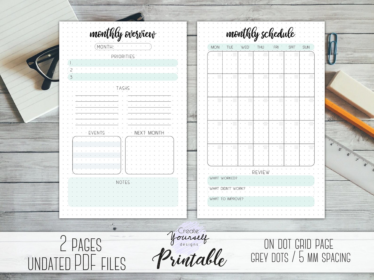 Monthly Journal Printable - Planner Insert, Monthly Planner, Dot Grid ...