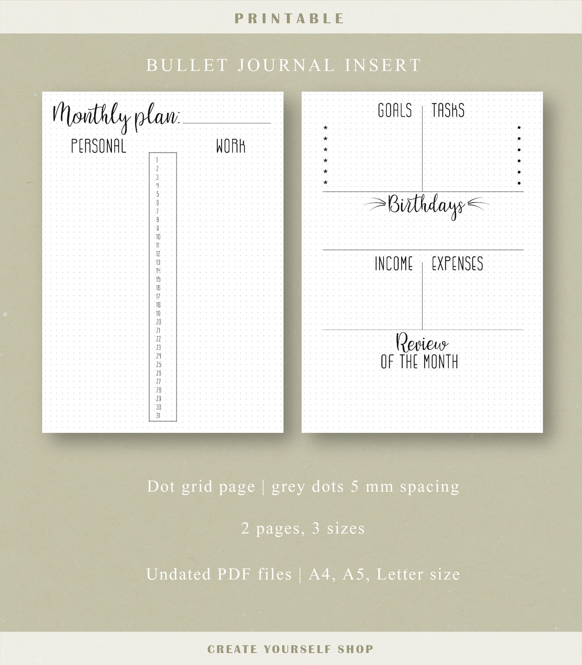 Printable Monthly Journal Dot Grid Planner, Journal Insert, Bujo ...