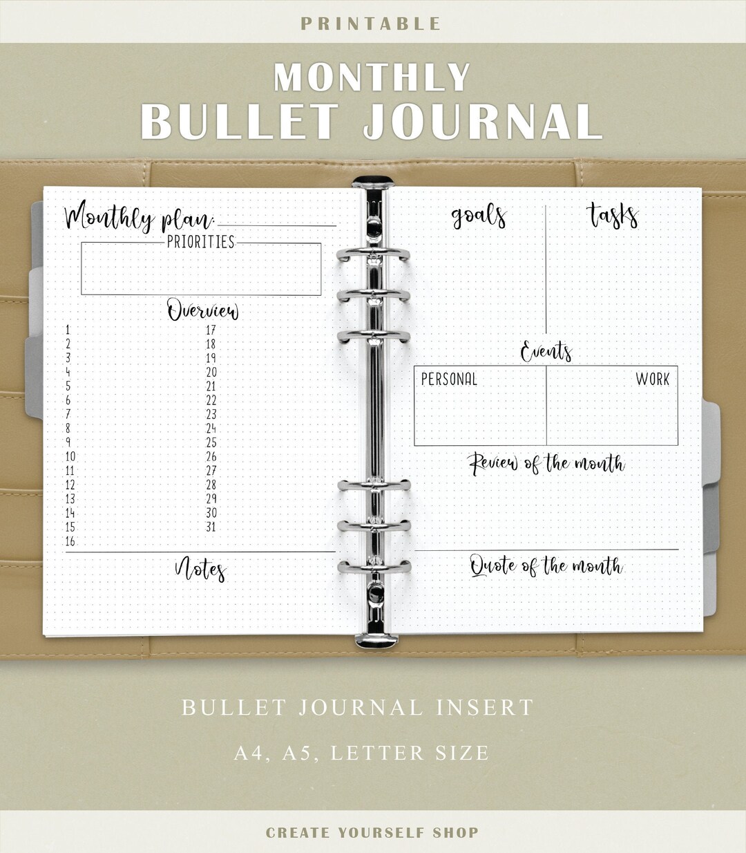 Monthly Journal Printable - Planner Insert, Dot Planner, Monthly ...