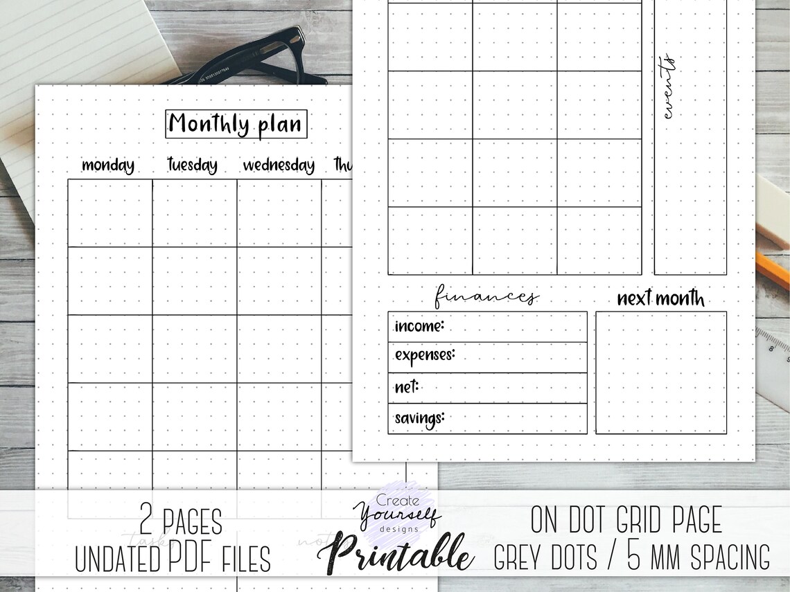 Montthly Journal Printable Monthly Planner, Journal Template, Dot Grid ...
