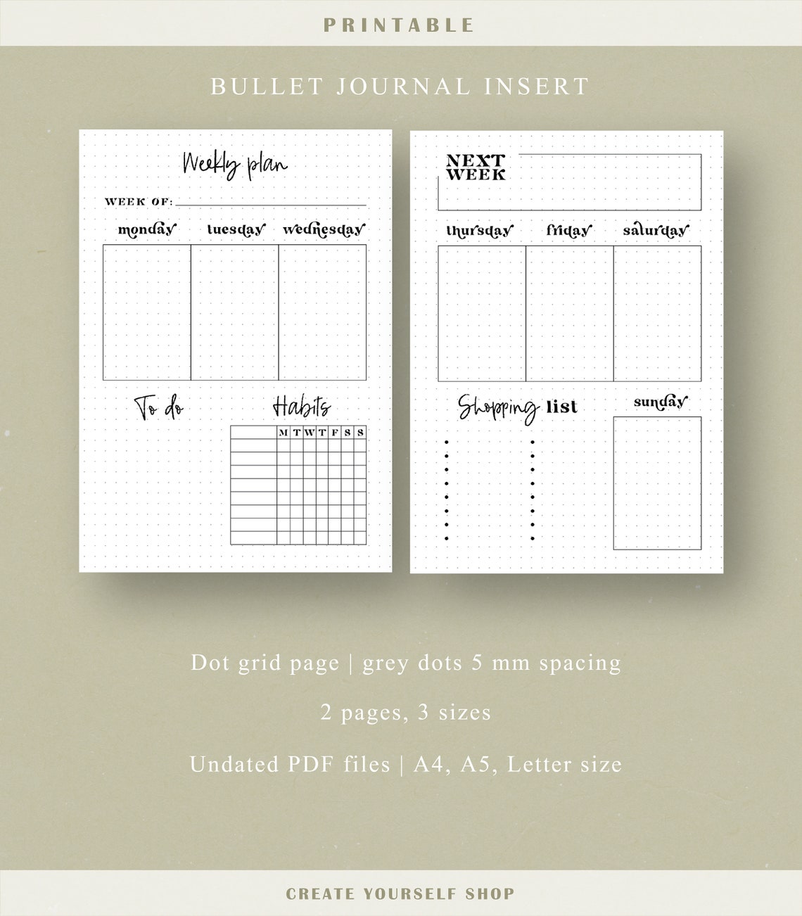 Printable Weekly Journal Planner Insert, Journal Insert, Dot Grid ...