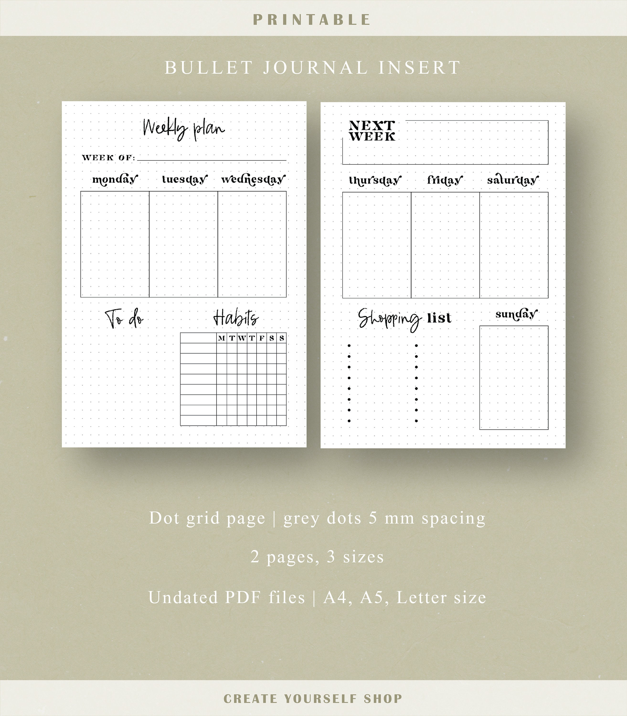 Printable Weekly Journal - Planner Insert, Journal Insert, Dot Grid ...