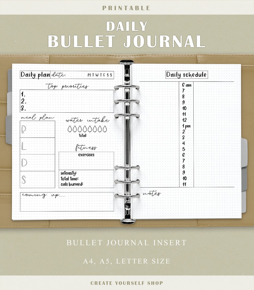 Daily Journal Printable Daily Planner, Journal Insert, Daily Log, Dot ...
