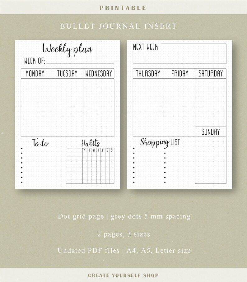 Printable Weekly Journal Bujo Planner Insert Journal - Etsy