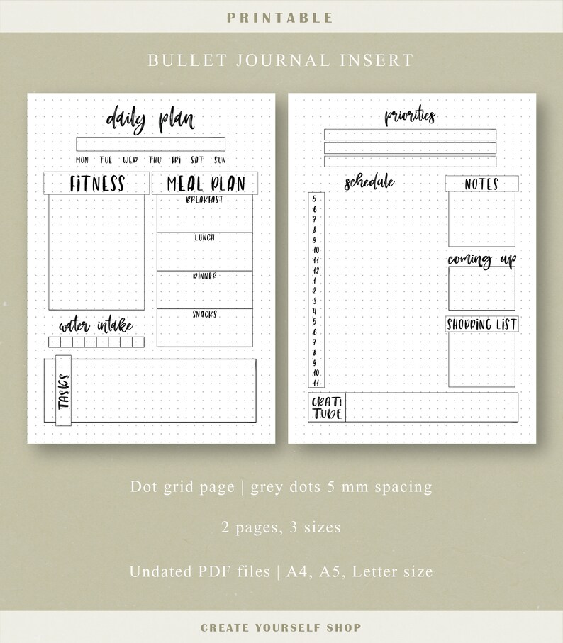 Daily Journal Printable - Daily Planner, Journal Insert, Daily Log, Dot ...