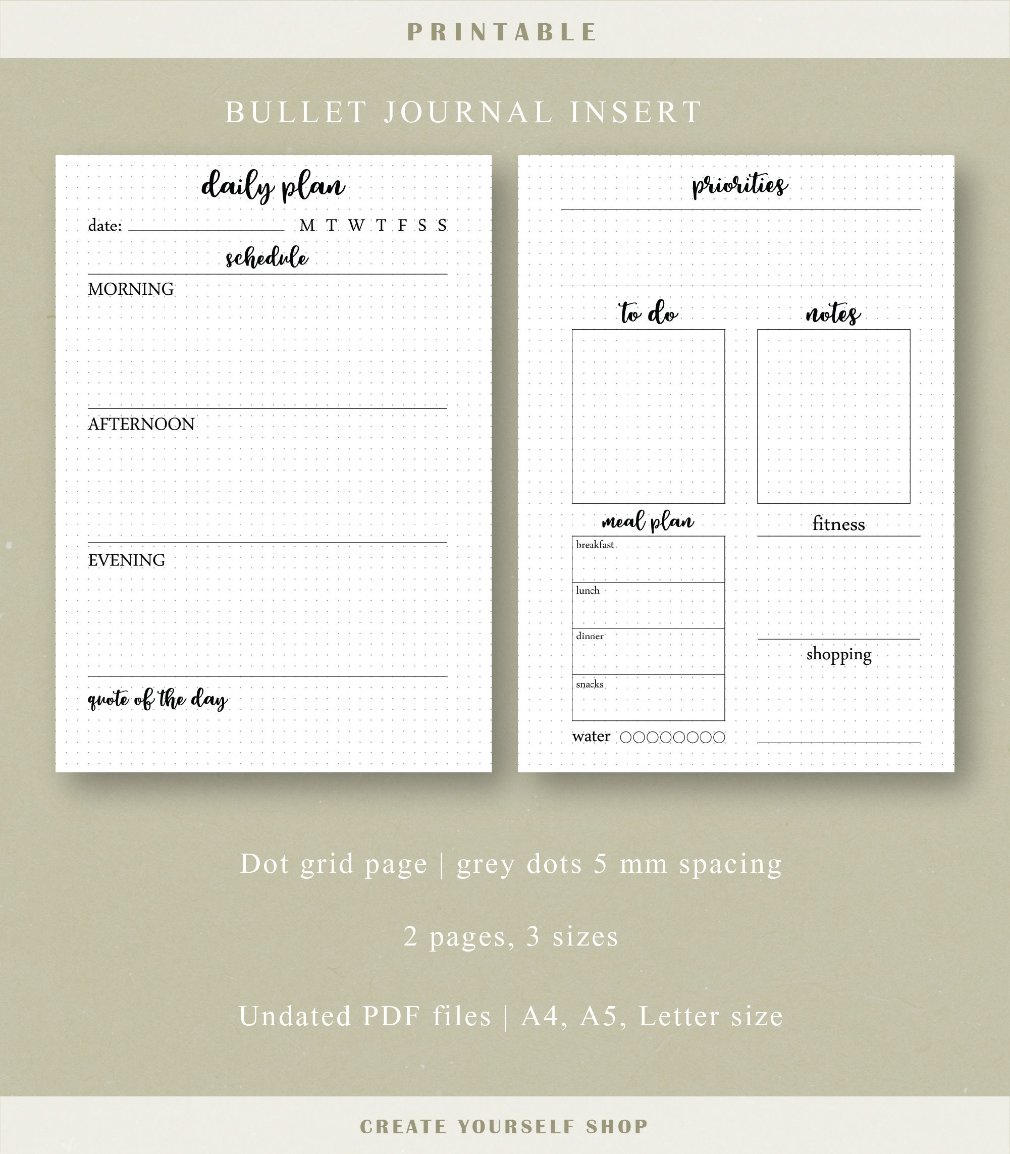Daily Journal Printable - Daily Planner, Journal Insert, Daily Log, Dot ...