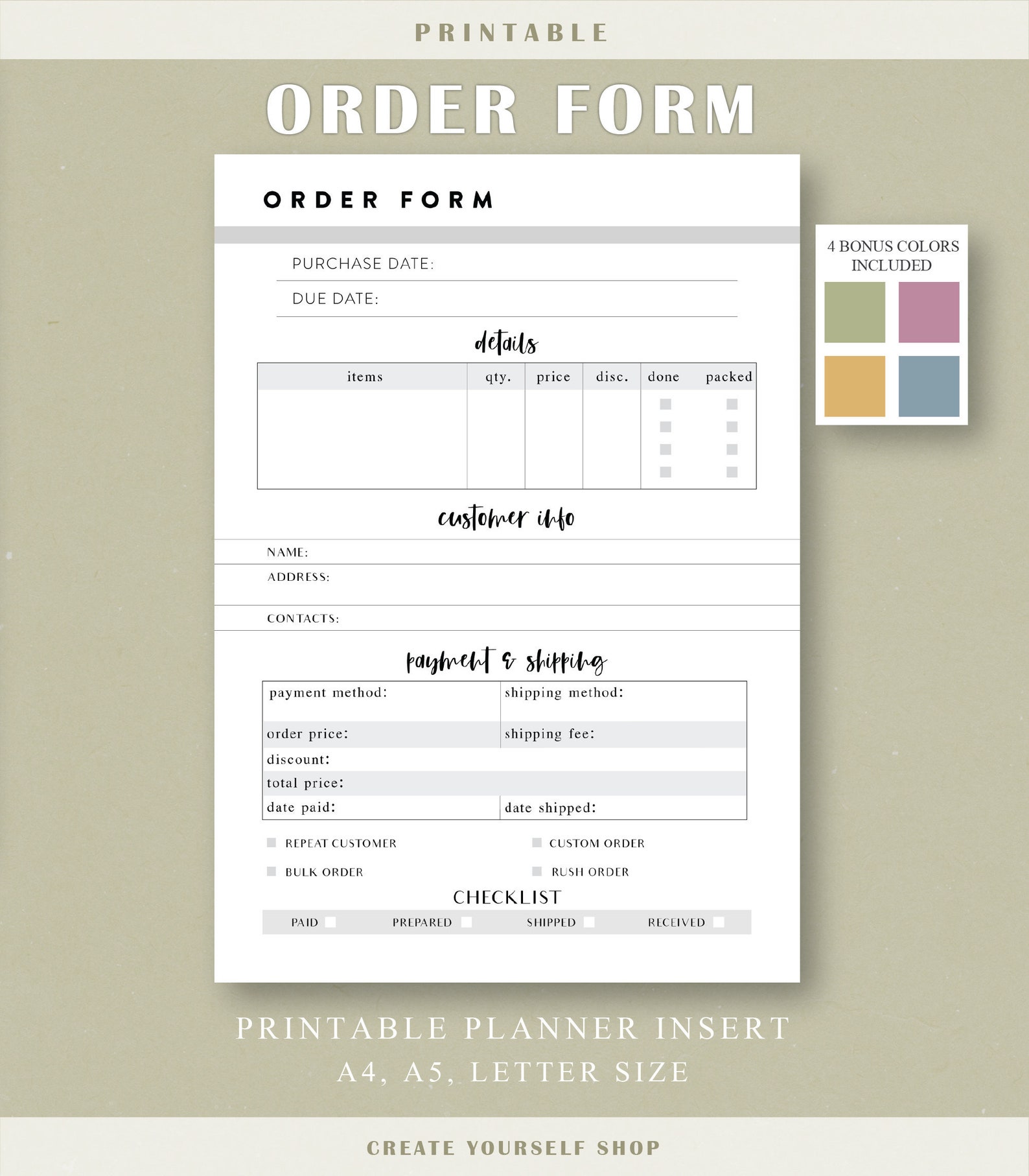 Printable Order Form - Small Business Order Form, Etsy Shop Order Form ...