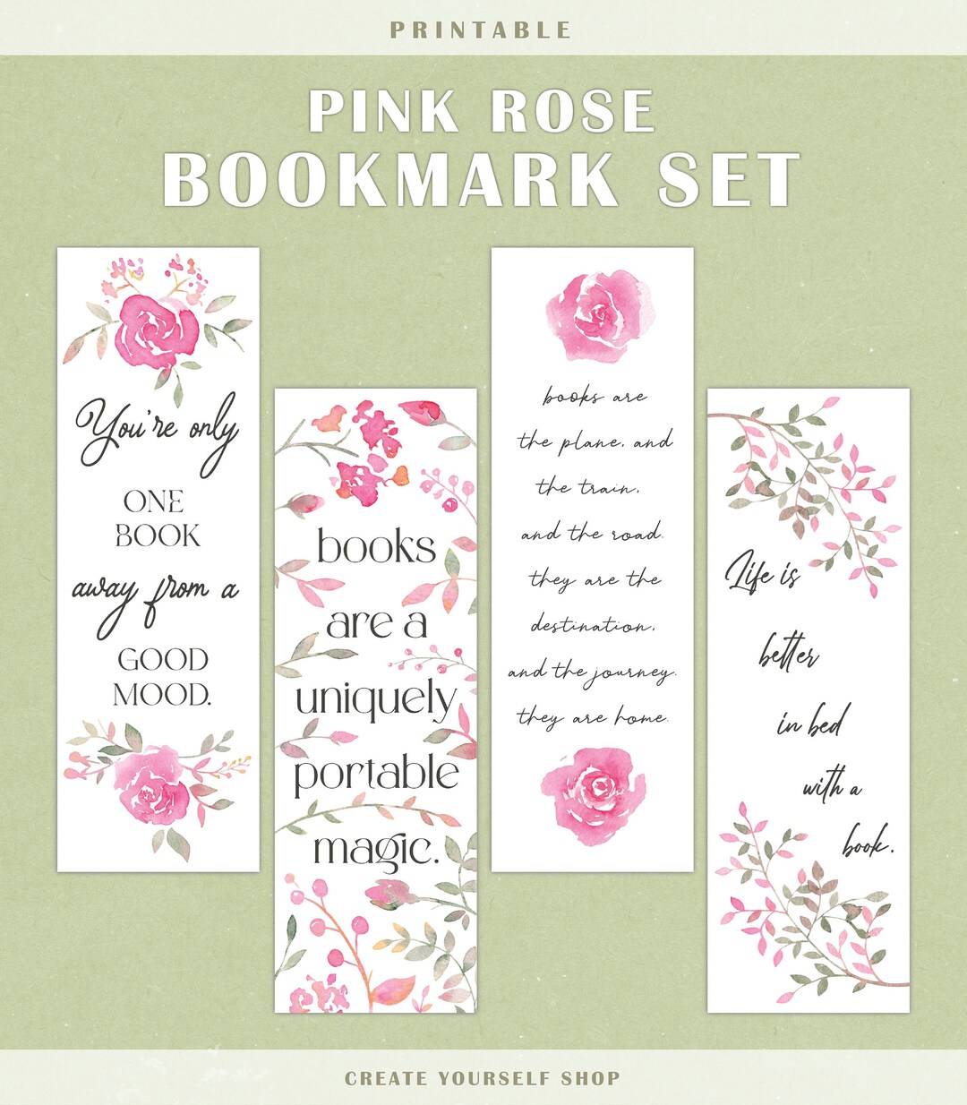 Printable Bookmark, Printable Rose Bookmark, Gift for Her, Bookmark Set ...