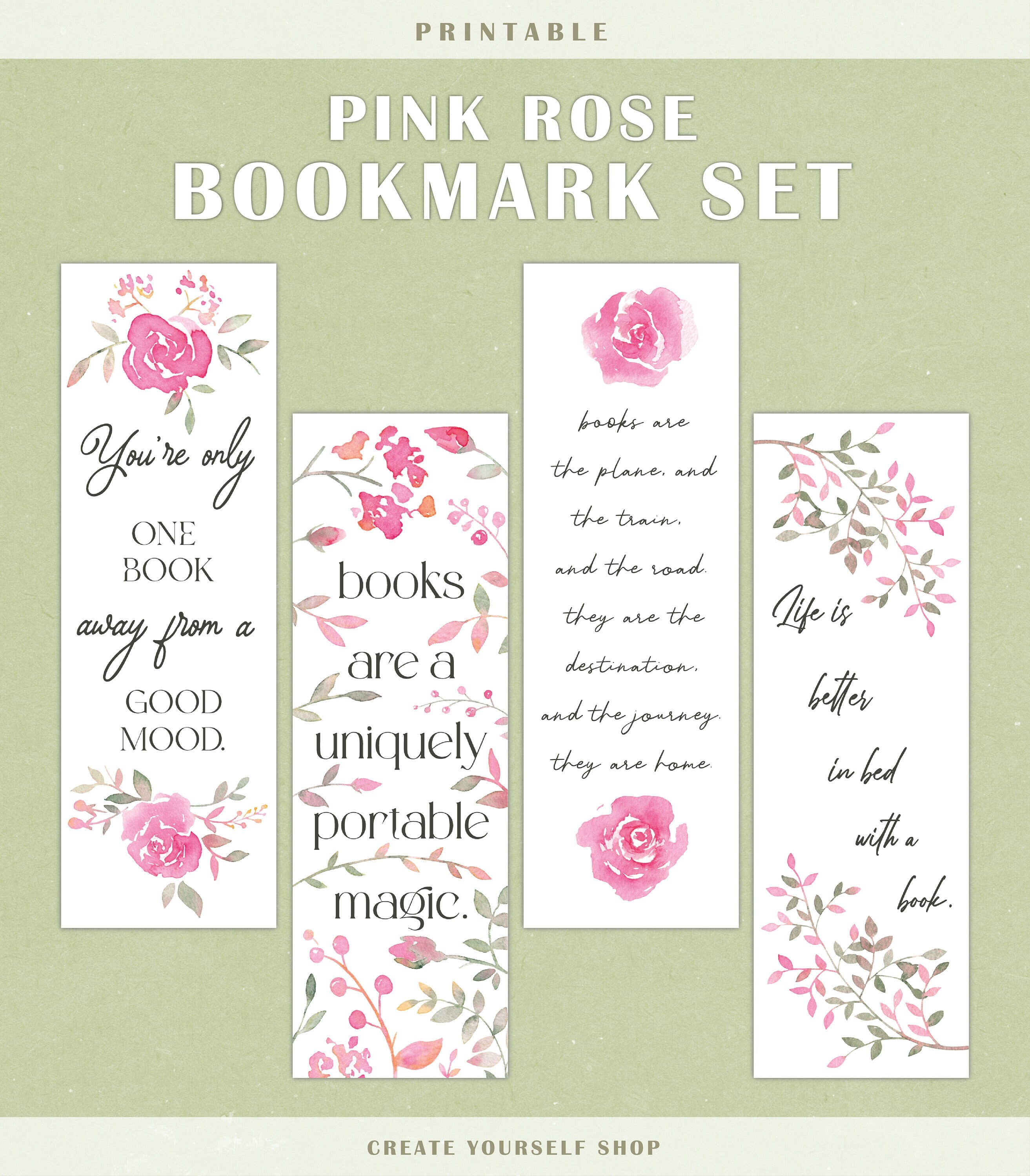 Printable Bookmark, Printable Rose Bookmark, Gift for Her, Bookmark Set ...