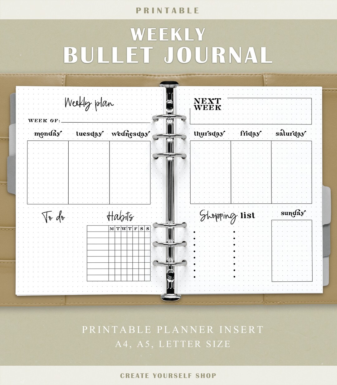 Printable Weekly Journal Planner Insert, Journal Insert, Dot Grid ...