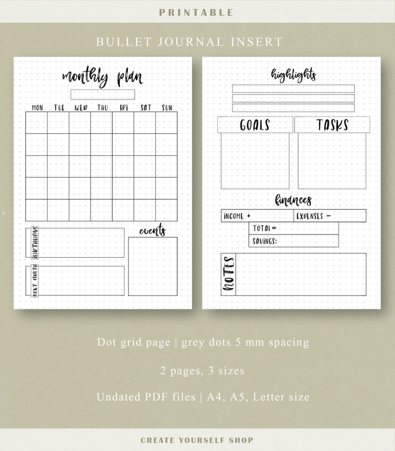 Monthly Journal Printable Planner Insert Dot Planner - Etsy