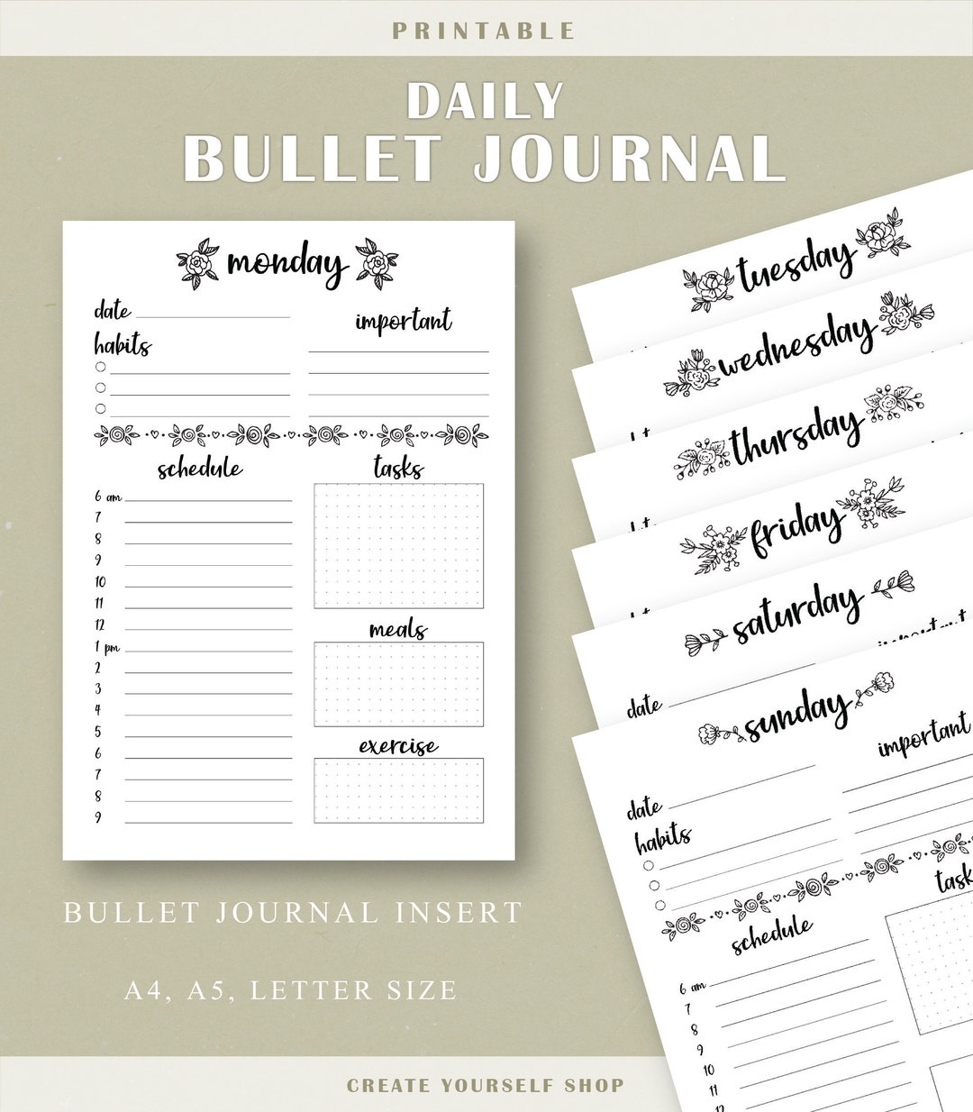 Daily Planner Printable - Daily Journal, Journal Insert, Daily Log, Dot ...
