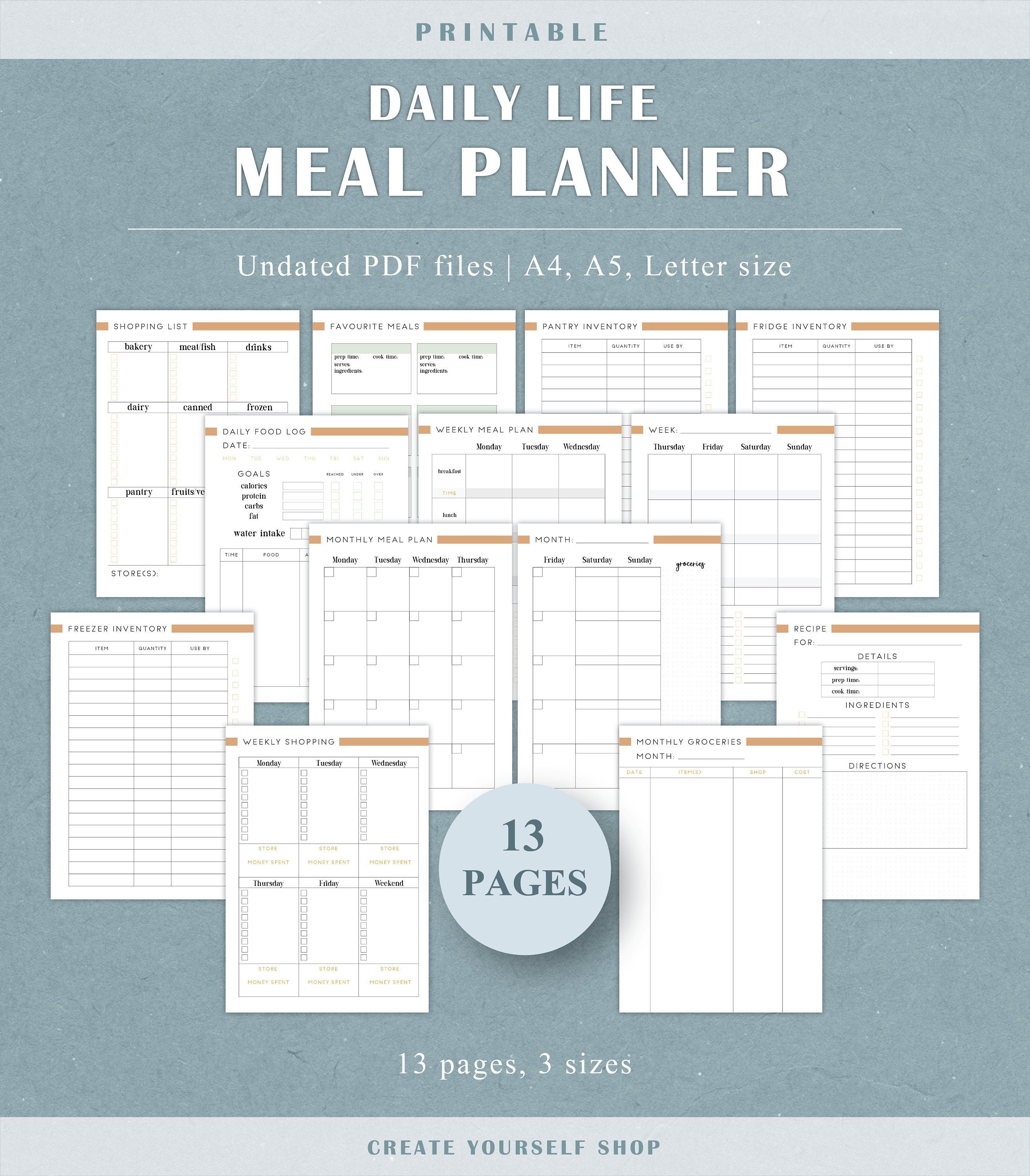 Compact Meal Planner - Printable Meal Planner Kit, Grocery Checklist ...