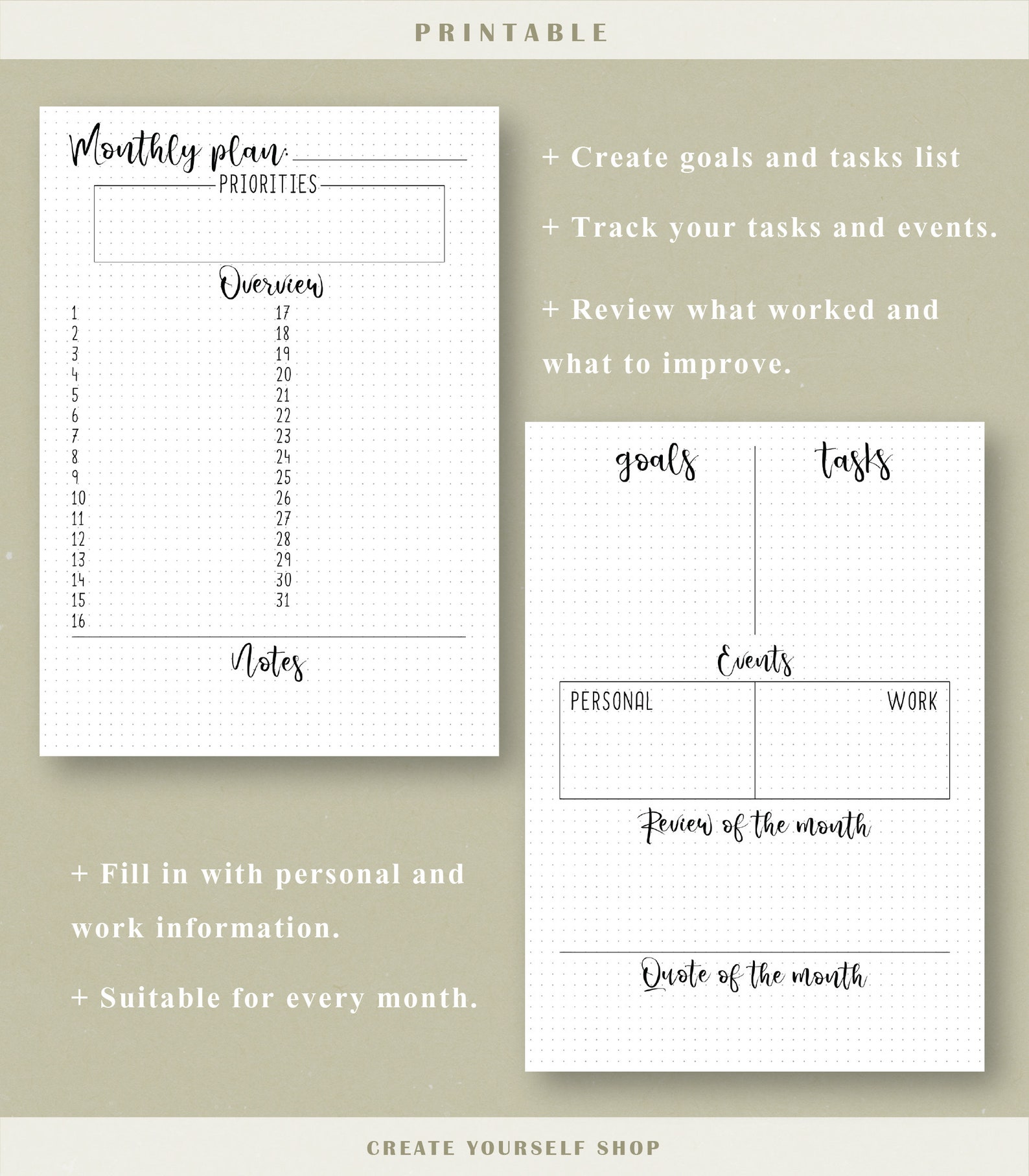 Monthly Journal Printable - Planner Insert, Dot Planner, Monthly ...