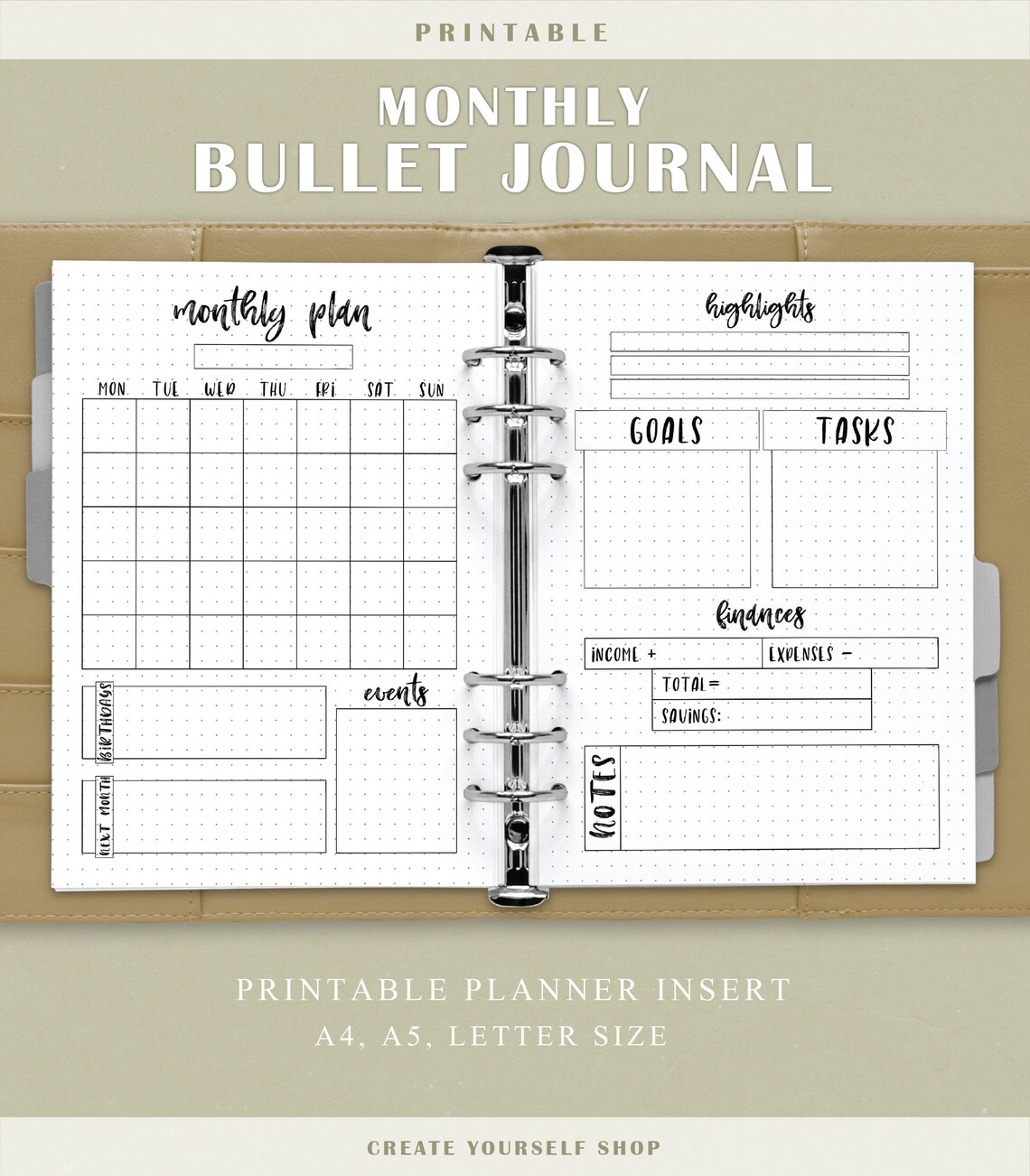 Monthly Journal Printable Planner Insert Dot Planner - Etsy
