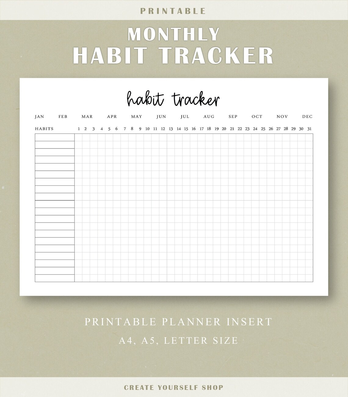 Habit Tracker Printable - Monthly Habits Tracker, Minimal Tracker Chart ...