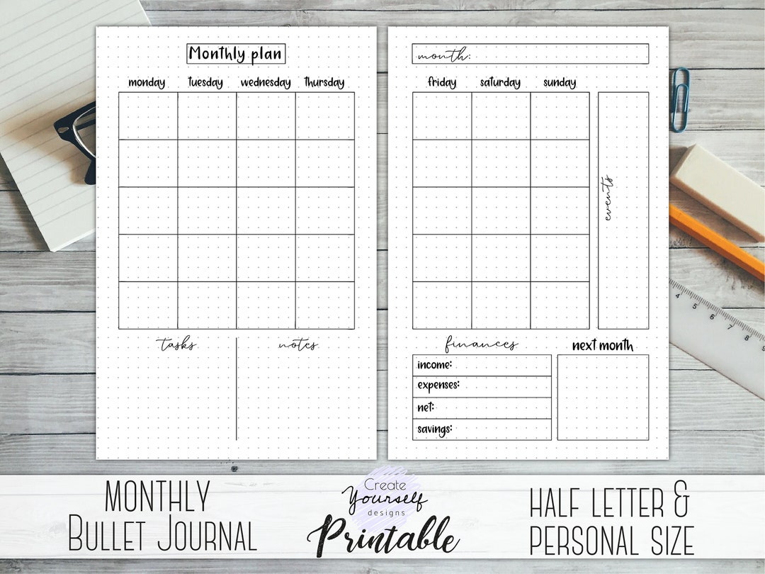 Montthly Journal Printable - Monthly Planner, Journal Template, Dot ...