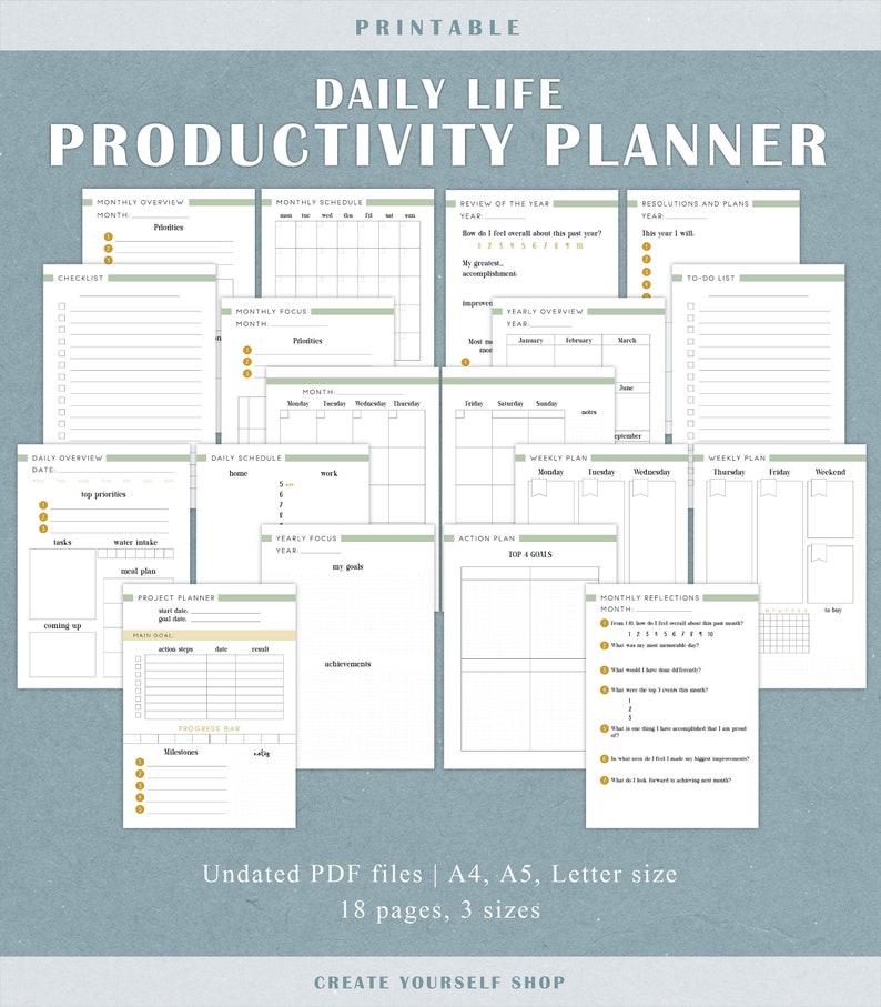 Productivity Planner Printable Daily Life Planner, Monthly Weekly Daily ...