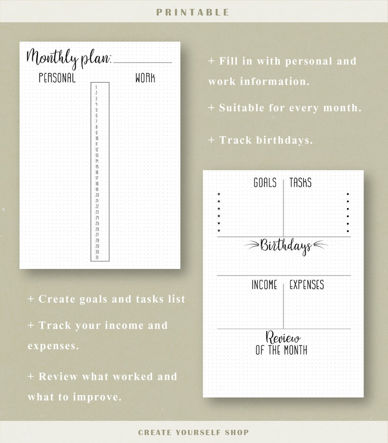 Printable Monthly Journal Dot Grid Planner, Journal Insert, Bujo ...
