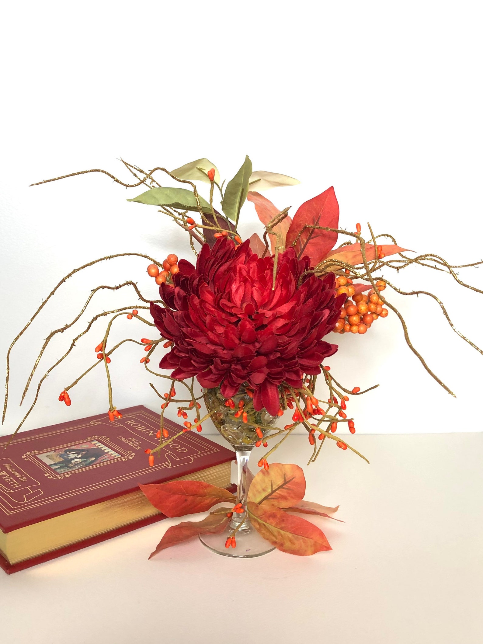 Red Aster Silk Flower Arrangement in a Wine Glass - Etsy