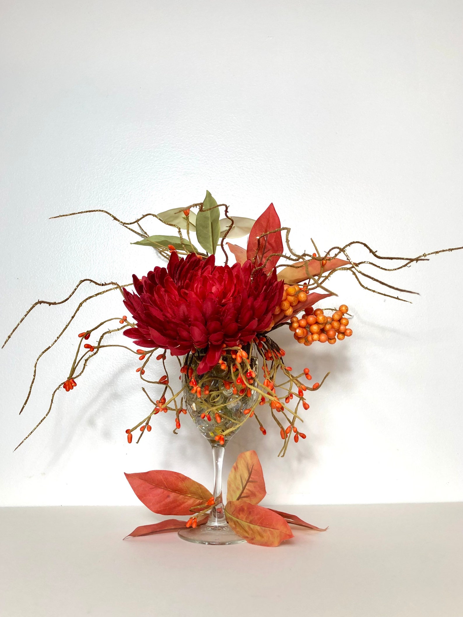 Red Aster Silk Flower Arrangement in a Wine Glass - Etsy