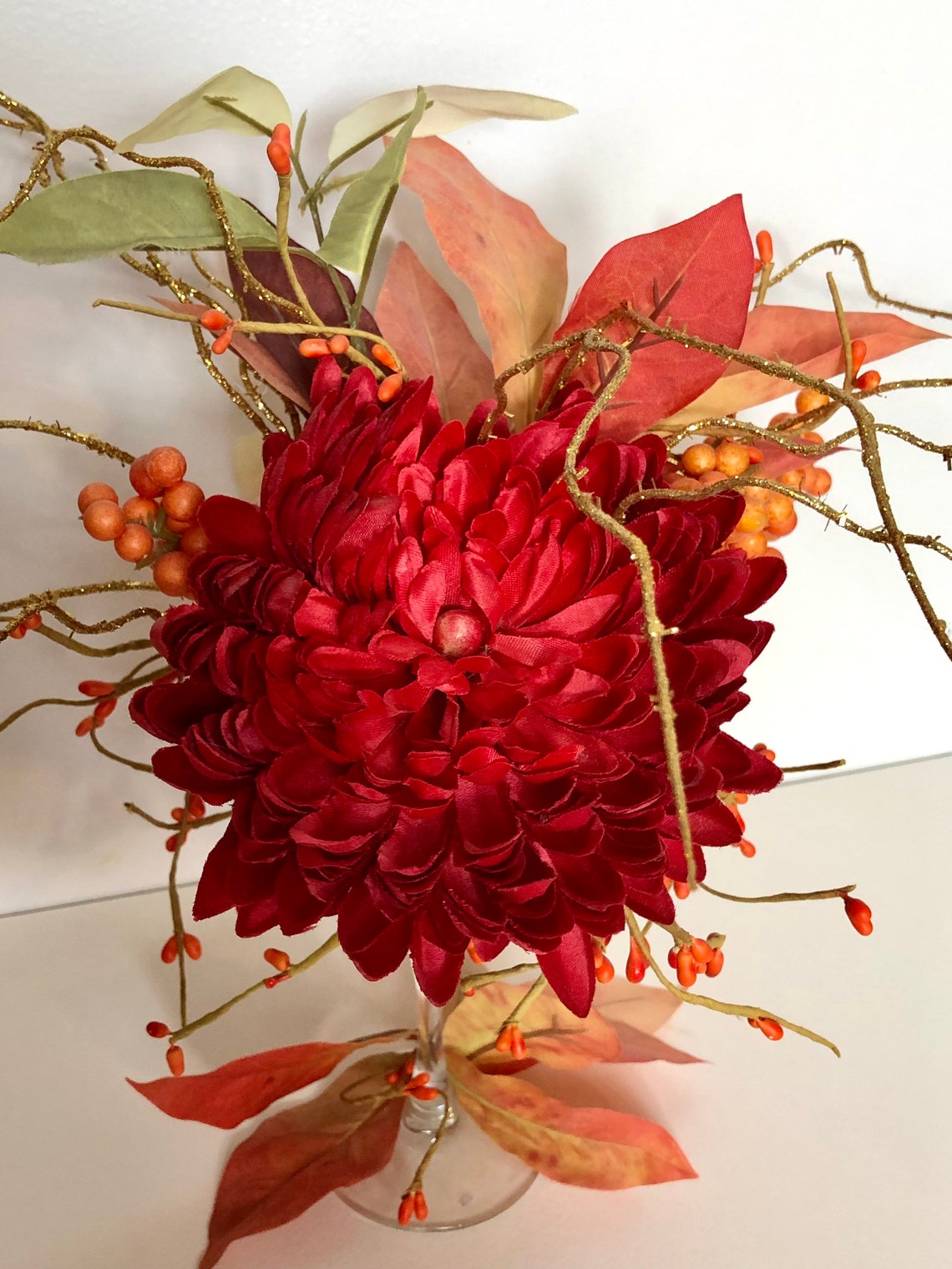 Red Aster Silk Flower Arrangement in a Wine Glass - Etsy
