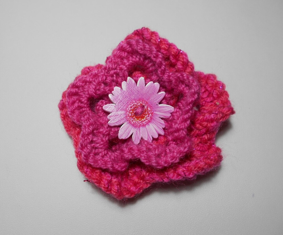 Hand Knitted Flower Brooch, Pink, Flower Button Centre, 9.5 Cm - Etsy