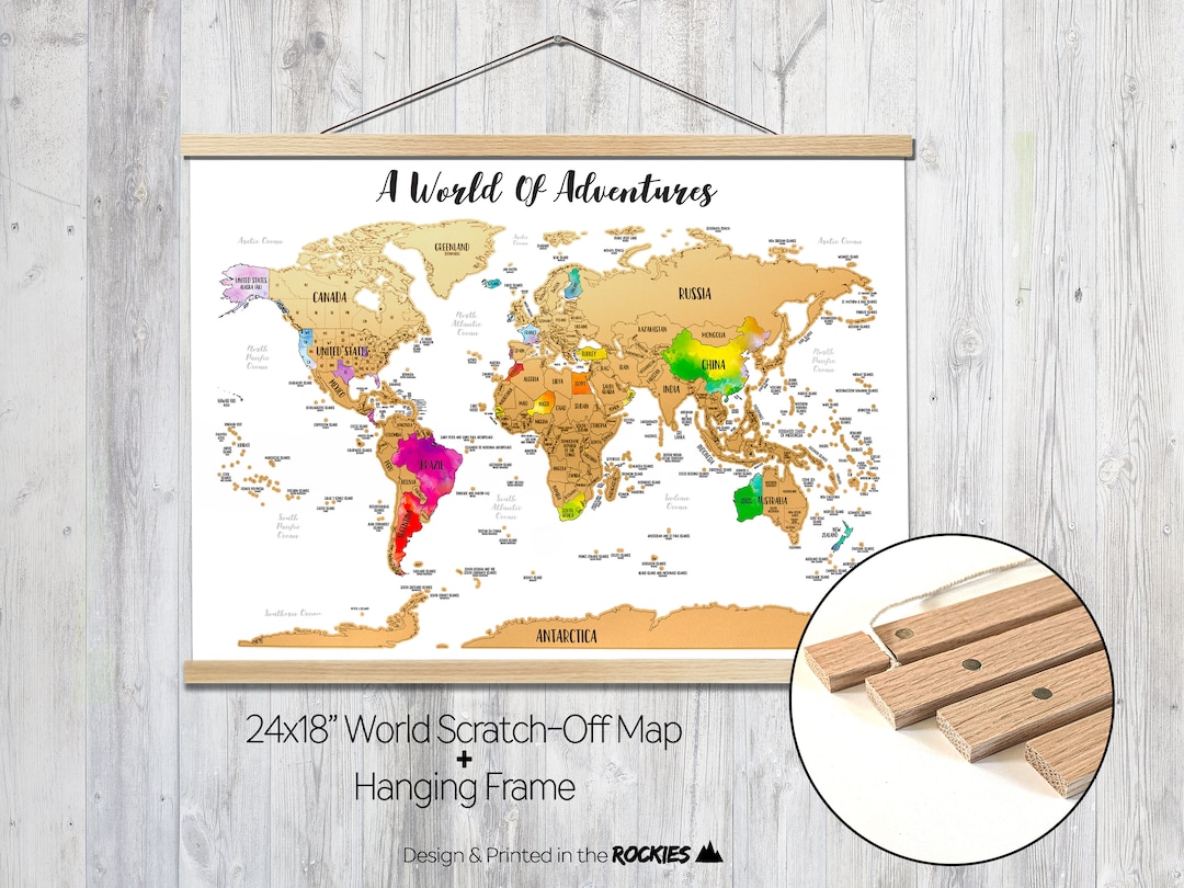 24"x18" - World Scratch off Travel Map With Hanging Frame. Gold Color ...