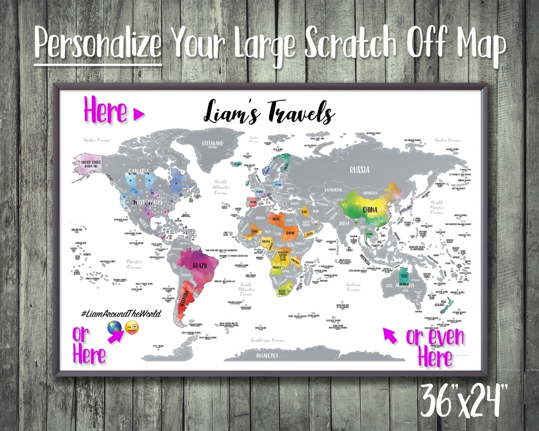Personalized Scratch off World Map: Watercolor Travel Tracker (36"x24 ...