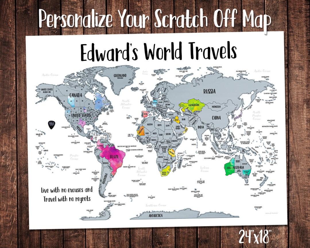 Personalized Scratch off World Map: Watercolor Travel Tracker (24x18 ...
