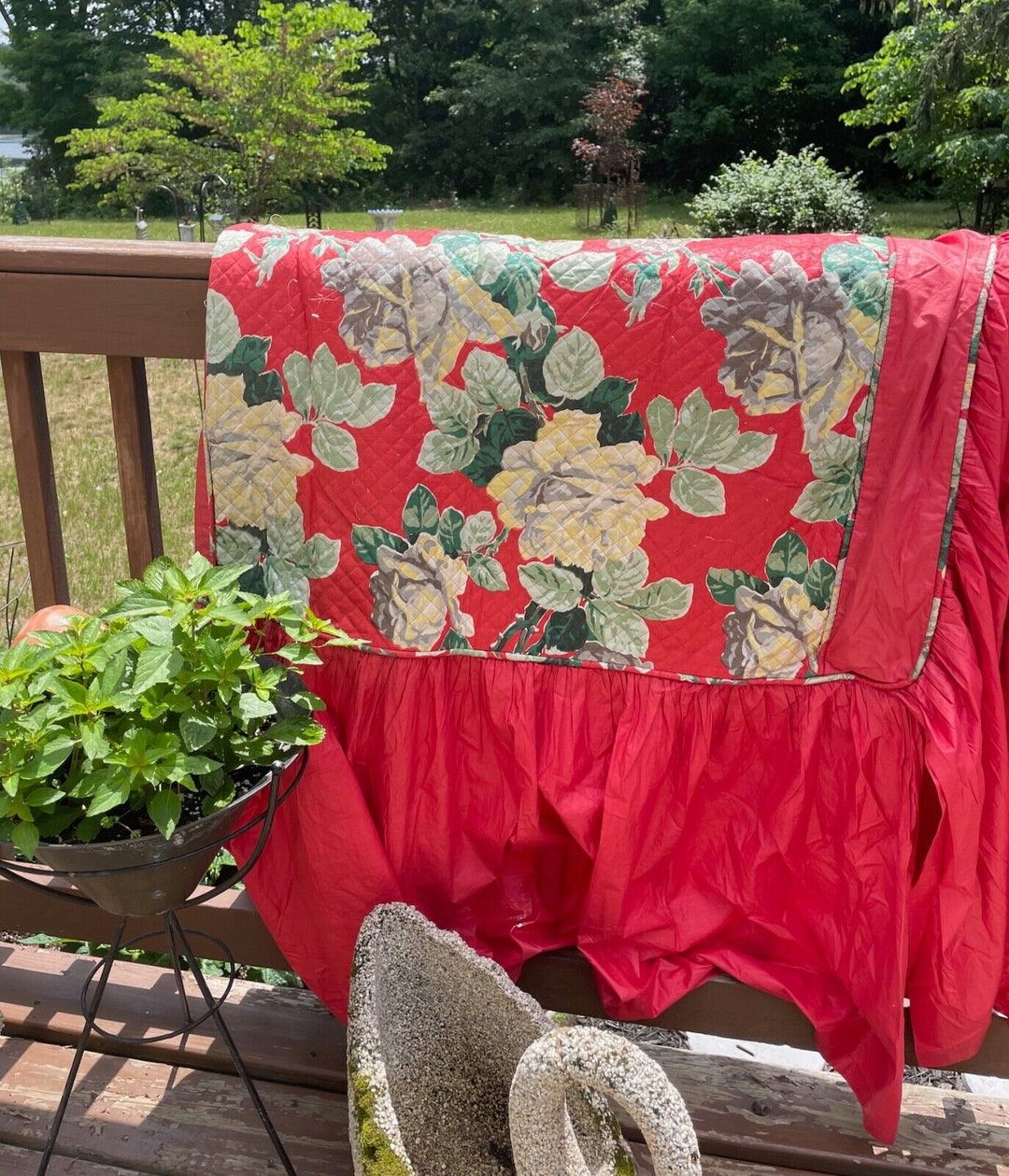 Vintage MCM 40s 50s Red Taffeta Ruffled Floral Roses Daybed Couch Cover ...