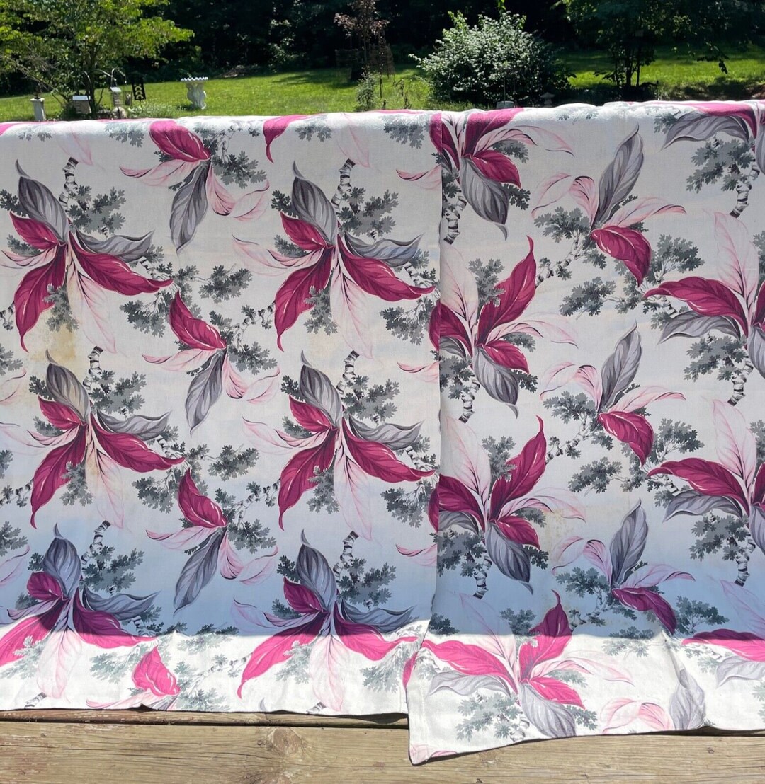 Vintage MCM 2 Barkcloth Curtain Panel Set Pink Grey Tropical Floral ...