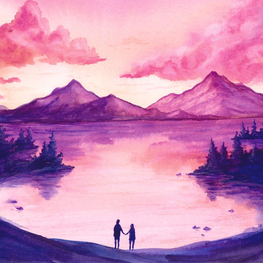 Lake Sunset Art Print: Romantic Couple, Pink Mountain Landscape (8x10 ...