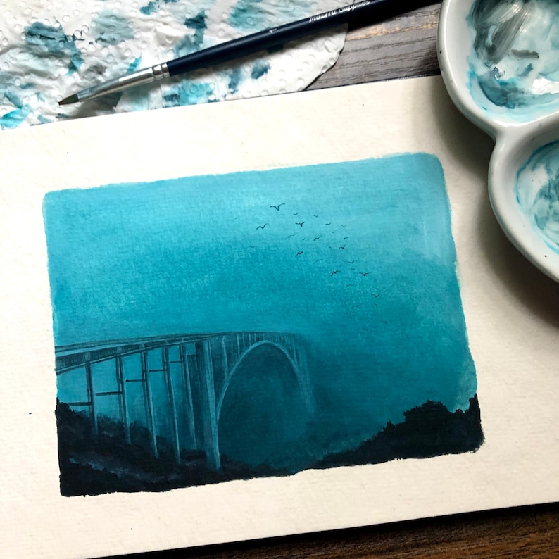 Spooky Bridge Art Print: Gouache & Watercolor (5x7in) - Etsy