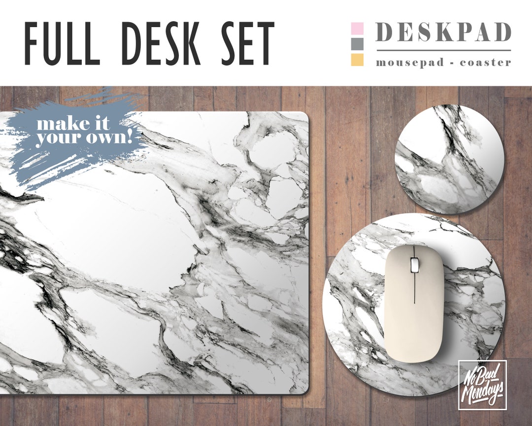 White Marble Print Desk Mat, Mouse Pad & Coaster Set -desk Accessory ...