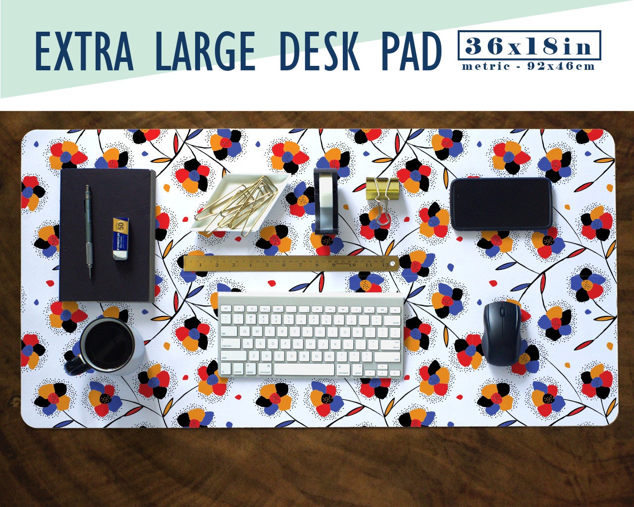 Boho Floral Print Extra Large Desk Pad with Available Custom | Etsy