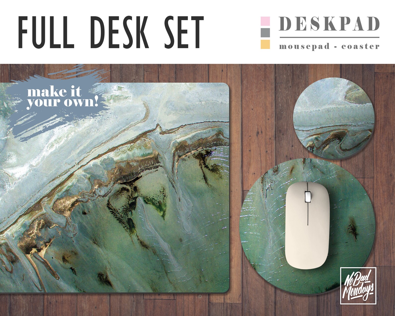 Green and Gold Marble Print Desk Mat Mouse Pad & Coaster Set | Etsy