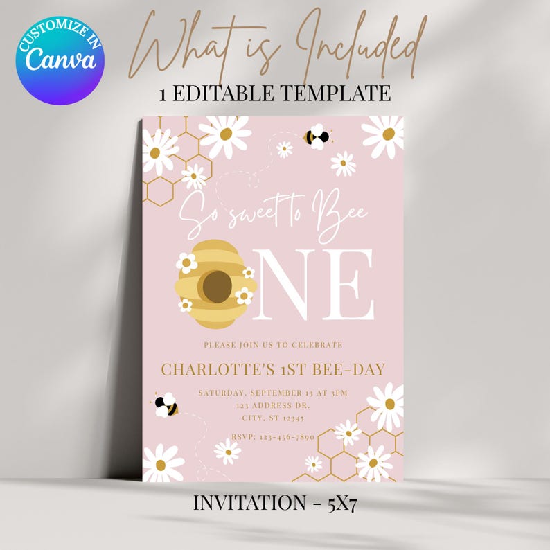 Bee First Birthday Invitation Template, Sweet as Can Bee Birthday ...